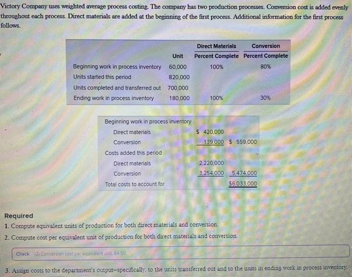 Solved Victory Company uses weighted average process | Chegg.com