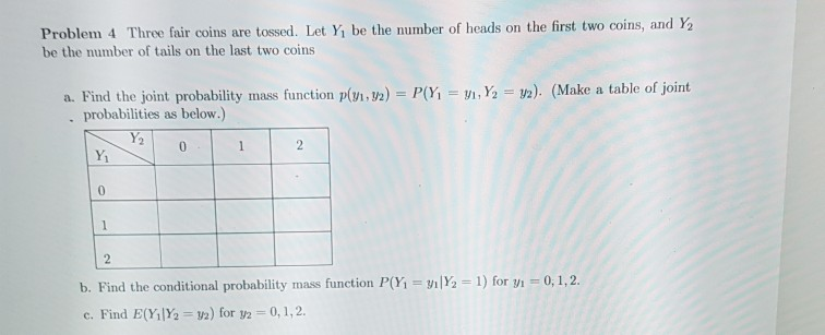 Solved Problem 4 Three fair coins are tossed. Let Yi be the | Chegg.com
