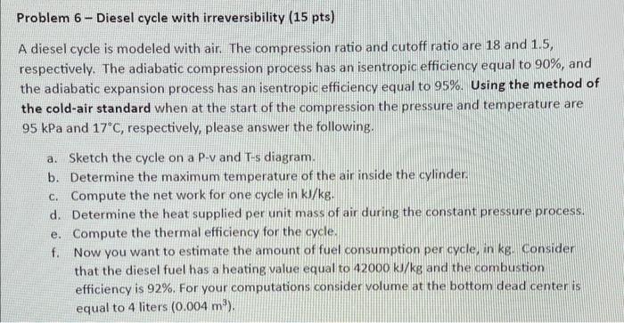 Solved Problem 6-Diesel cycle with irreversibility (15 pts) | Chegg.com