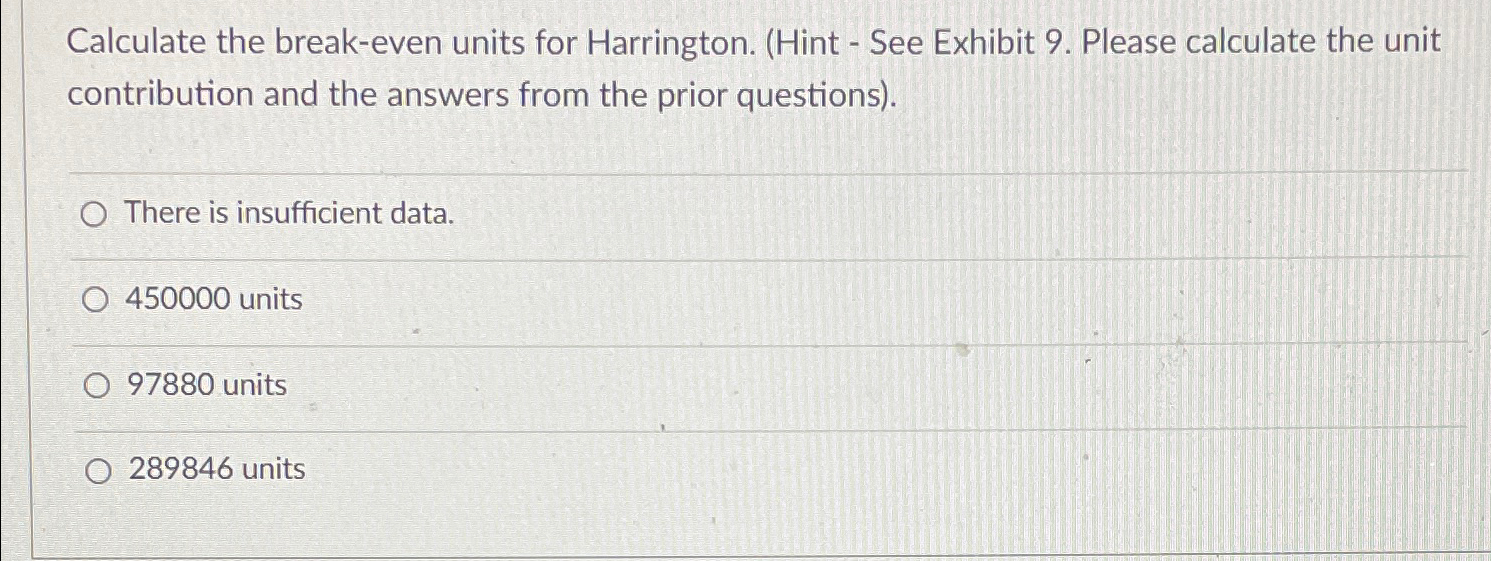 Solved Calculate the break-even units for Harrington. (Hint | Chegg.com