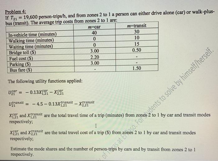 Solved 42.21 St Estimate the mode shares and the number of | Chegg.com