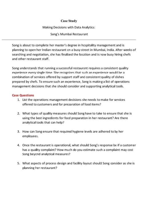 Solved Case Study Making Decisions with Data Analytics: | Chegg.com