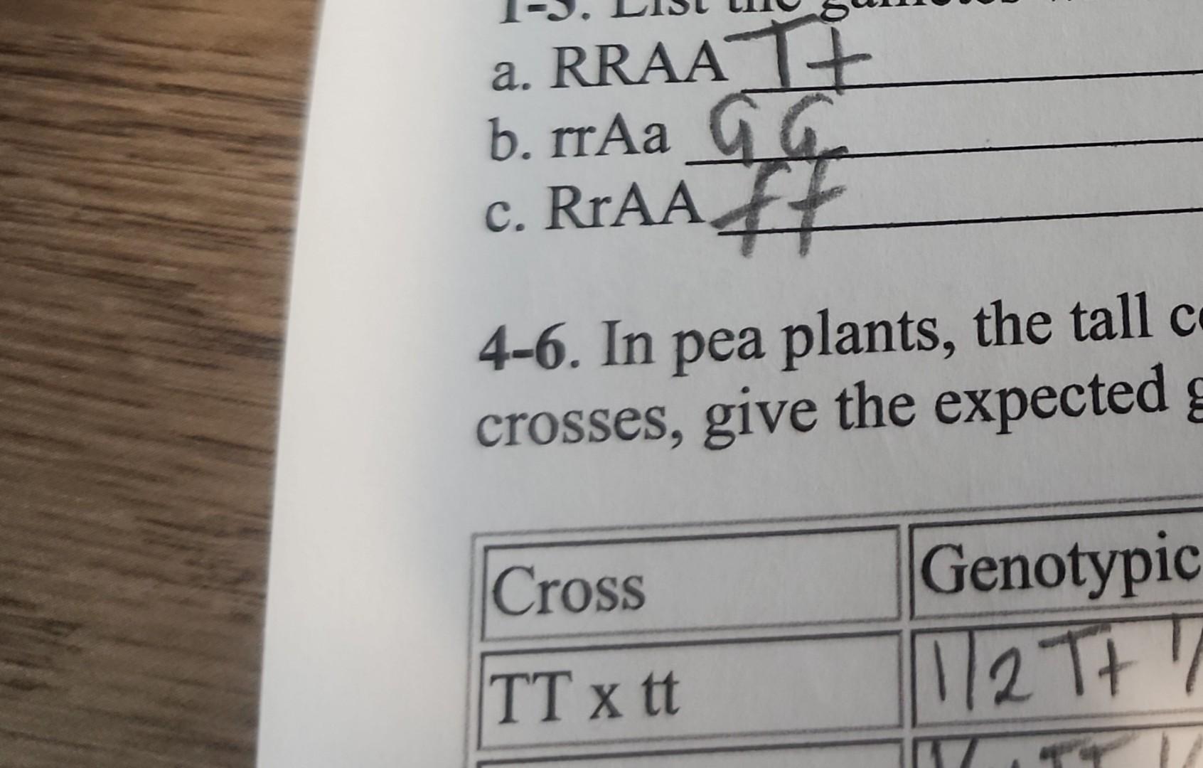 Solved a. RRAA Tt b. rraaG c. RrAA 4-6. In pea plants, the | Chegg.com