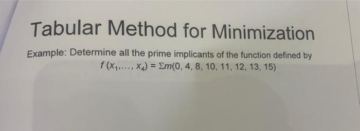 Solved Tabular Method for Minimization Example: Determine | Chegg.com