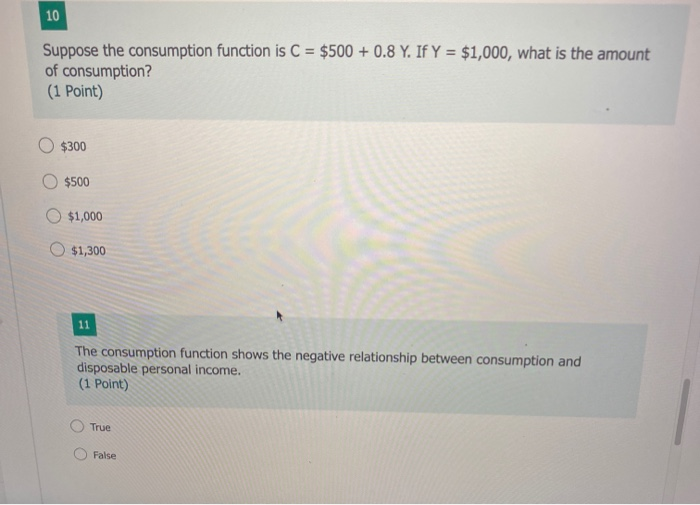 Solved 10 Suppose the consumption function is C = $500+ 0.8 | Chegg.com