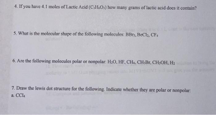 Solved 4. If you have 4.1 moles of Lactic Acid (C3H603) how | Chegg.com