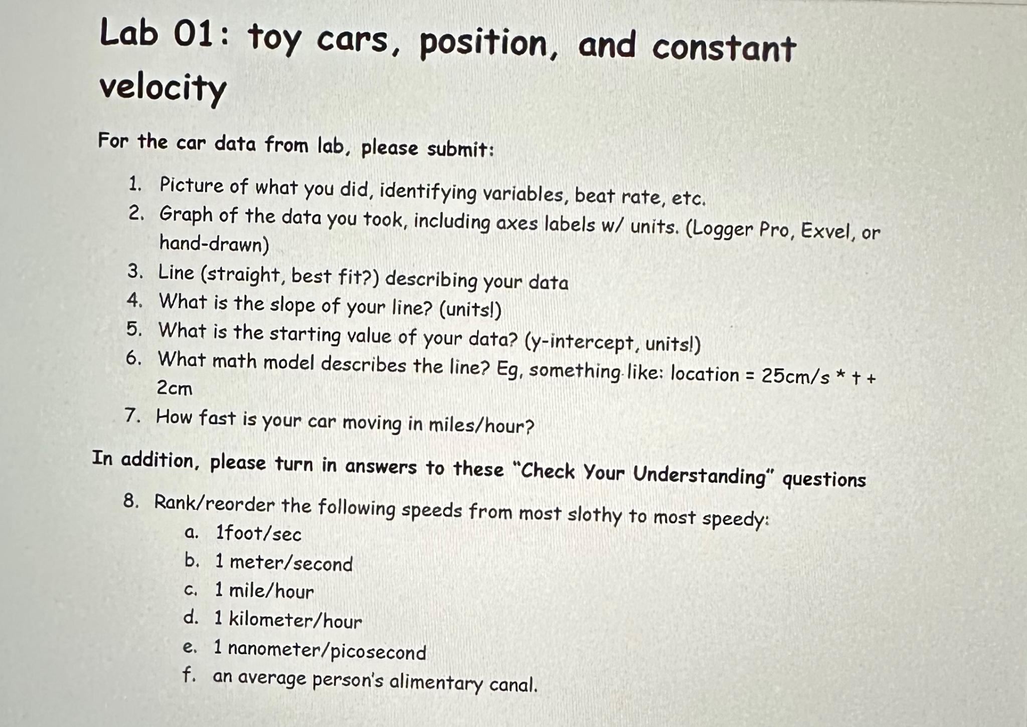 Lab 01: toy cars, position, and constant velocityFor | Chegg.com