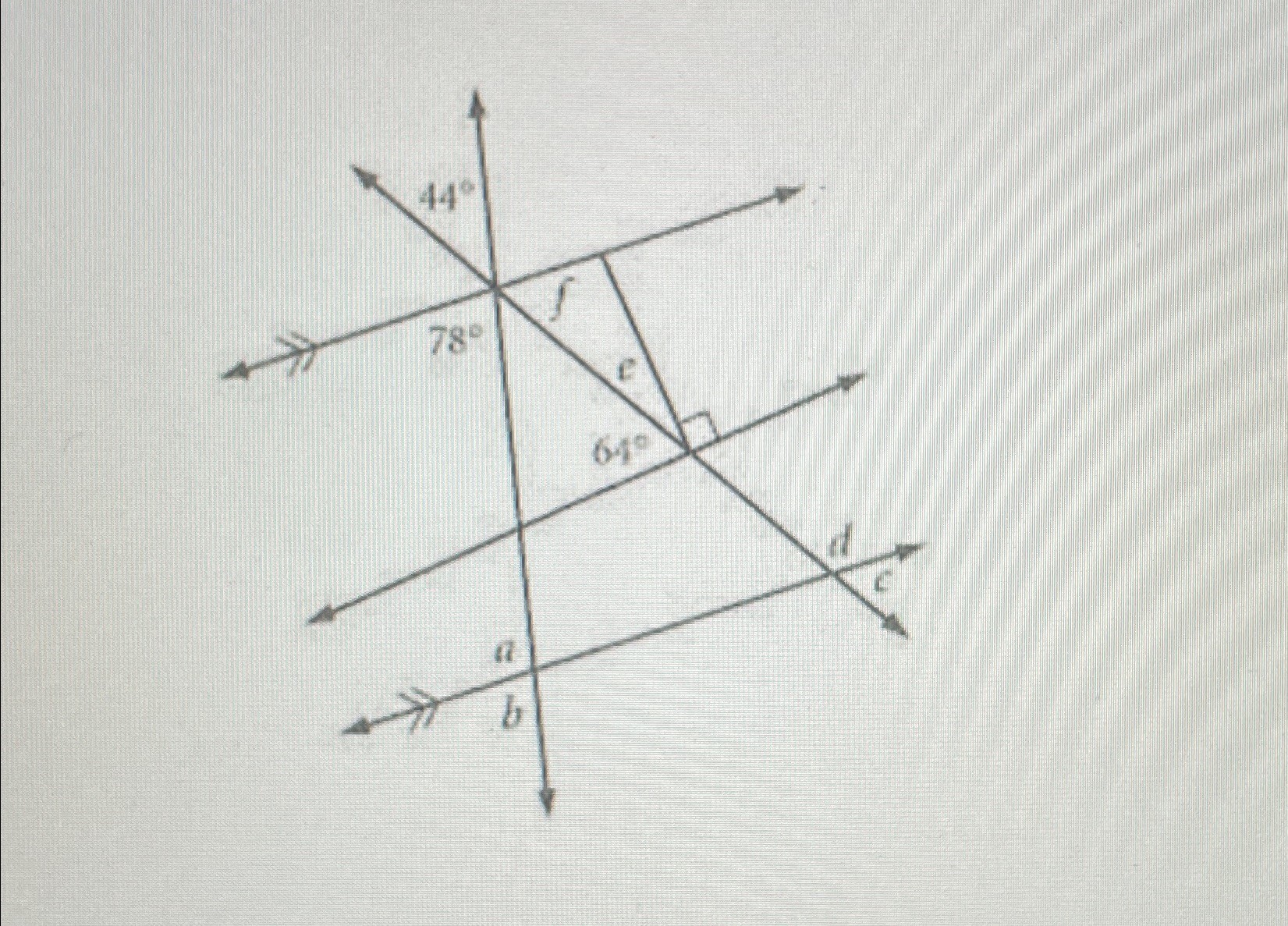 Solved Find the missing measures. (7 ﻿pts)a=b=78°c=d=e=f= | Chegg.com
