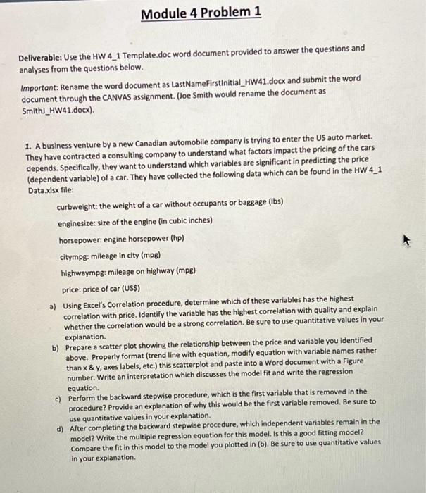 Deliverable: Use the HW 4_1 Template.doc word | Chegg.com