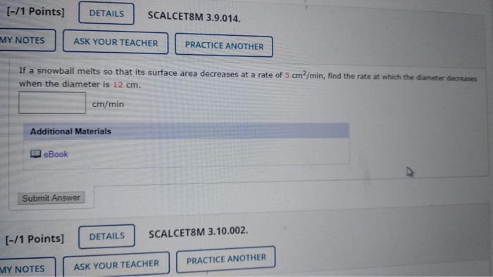 Solved (-/1 Points] DETAILS SCALCET8M 3.9.014. MY NOTES ASK | Chegg.com