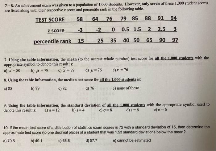 Solved 7-8. An achievement exam was given to a population of | Chegg.com