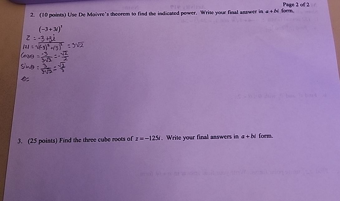 Solved Page 2 ﻿of 22. (10 ﻿points) ﻿Use De Moivre's theorem | Chegg.com