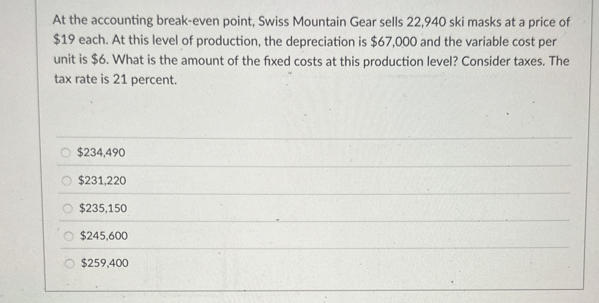 Solved At the accounting break-even point, Swiss Mountain | Chegg.com