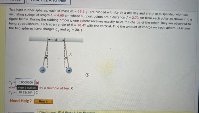 Solved Two hard rubber spheres, each of mass m=15.1 g, are | Chegg.com