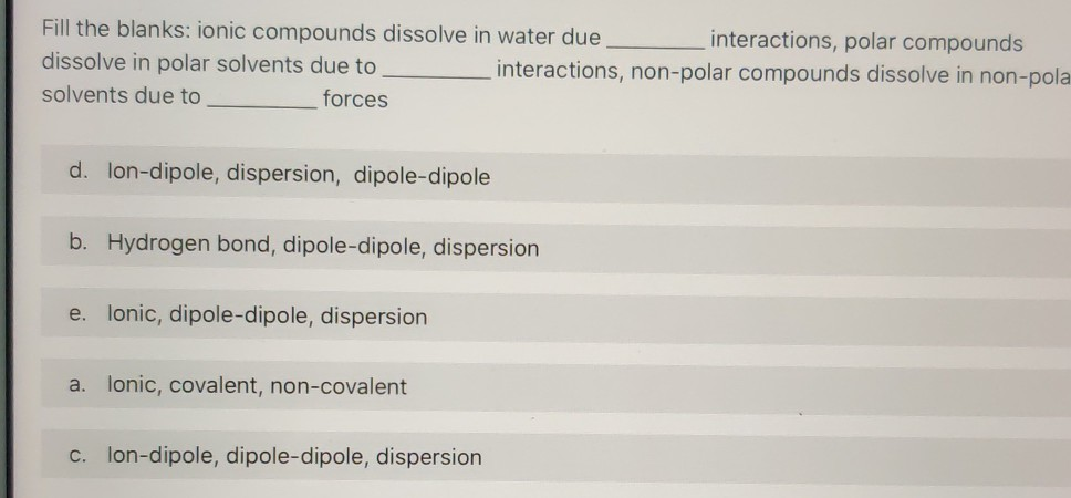 Solved Fill the blanks: ionic compounds dissolve in water | Chegg.com