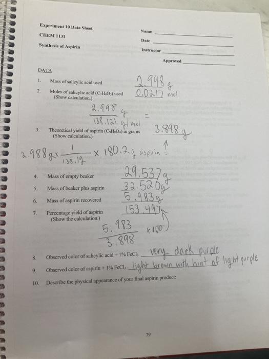 Solved EXPERIMENT 10 - SYNTHESIS OF ASPIRIN OBJECTIVE You | Chegg.com