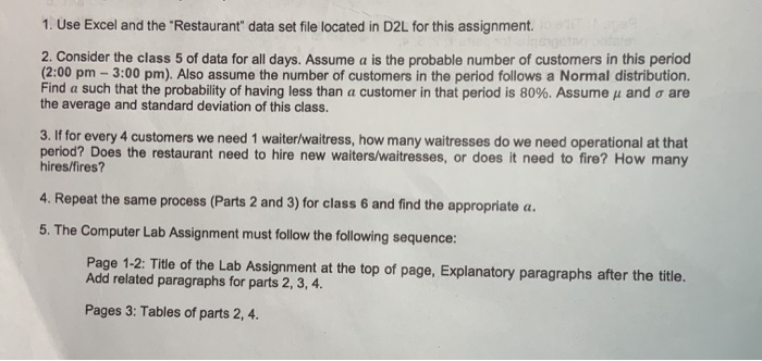1. Use Excel and the "Restaurant data set file | Chegg.com