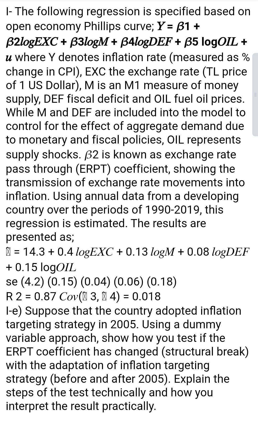 Solved |- The following regression is specified based on | Chegg.com