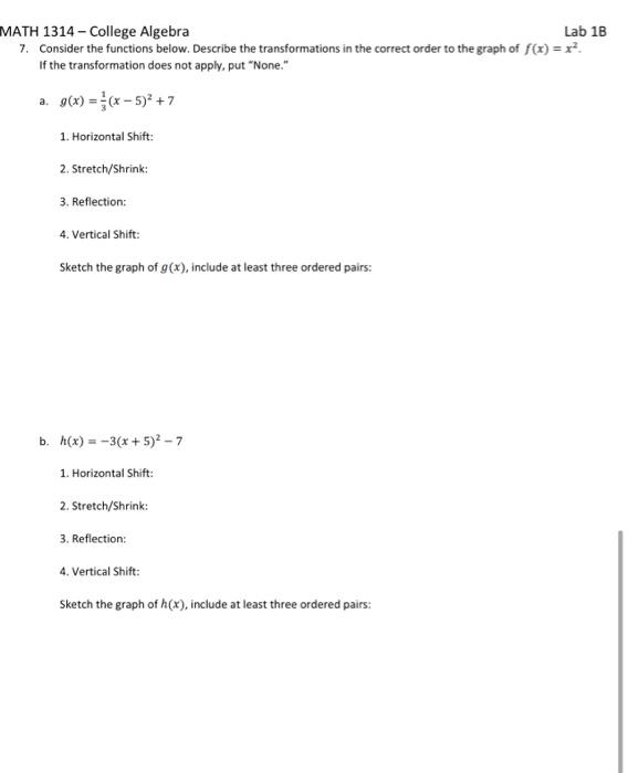 Solved IATH 1314 - College Algebra Lab 1B 7. Consider the | Chegg.com