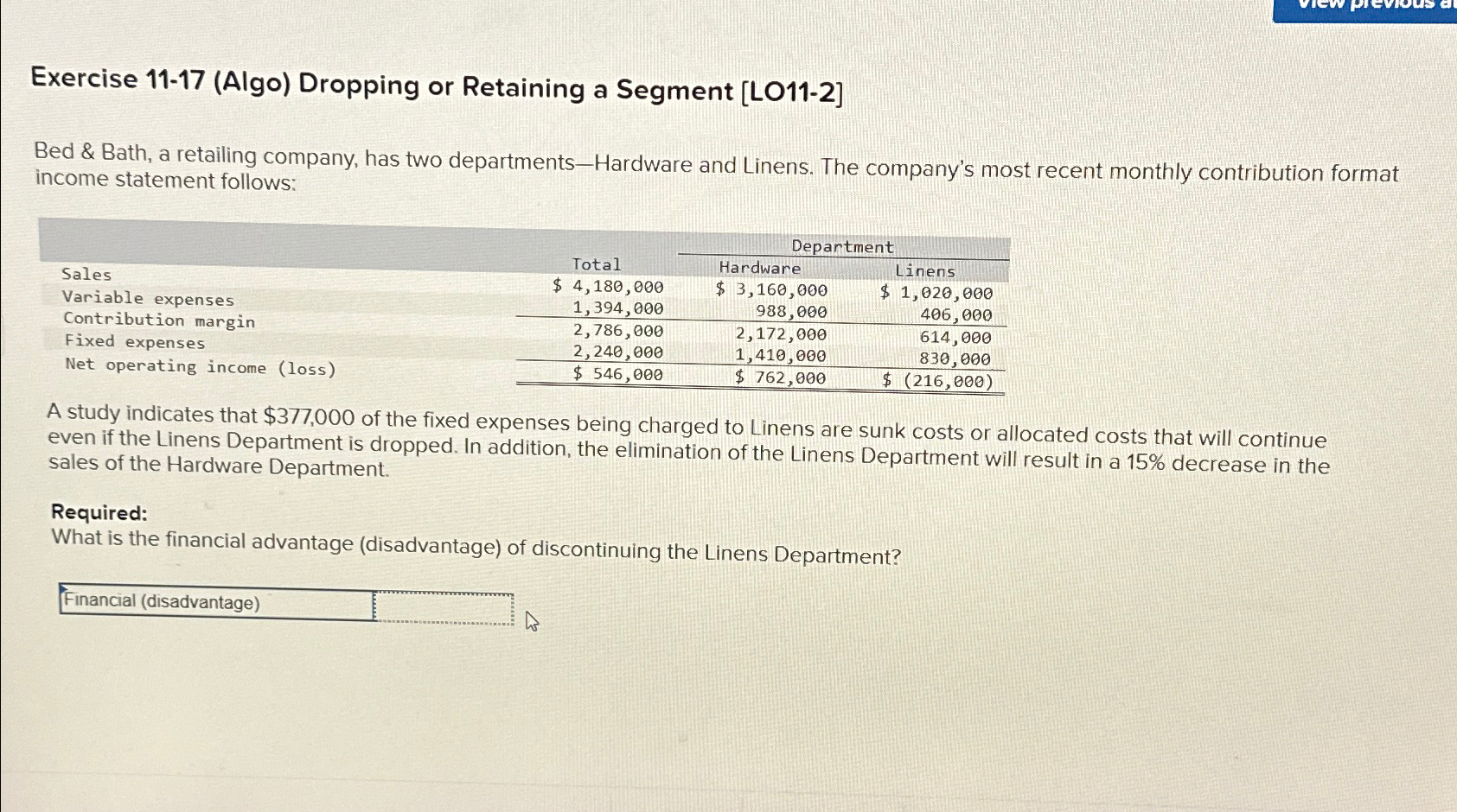 Solved Exercise 11-17 (Algo) ﻿Dropping or Retaining a | Chegg.com