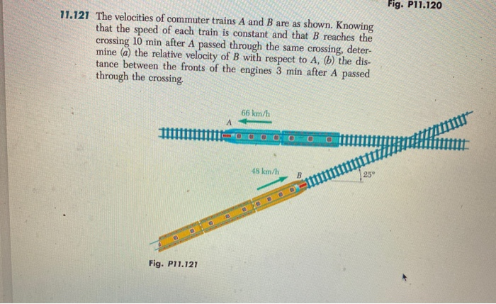 Solved 11.121 The velocities of commuter trains A and B are | Chegg.com