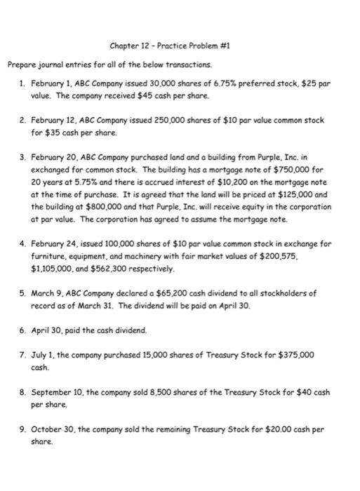 Solved Chapter 12 - Practice Problem \#1 Prepare journal | Chegg.com