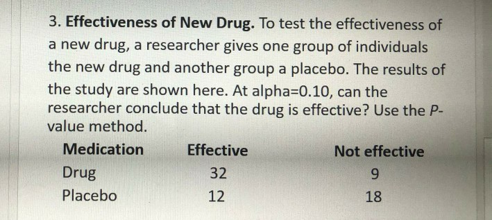 Solved 3. Effectiveness of New Drug. To test the | Chegg.com