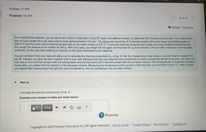 - Part A Gakuide the thermel sarductioty of ber A. | Chegg.com