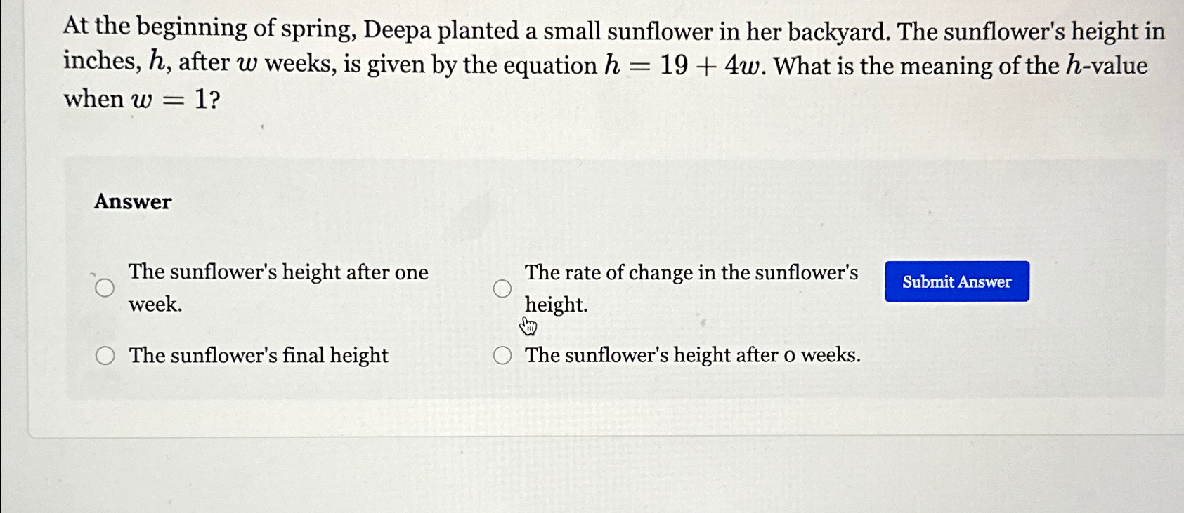 Solved At the beginning of spring, Deepa planted a small | Chegg.com