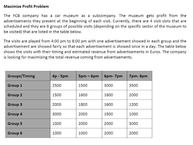 Solved Maximize Profit Problem The FCB company has a car | Chegg.com