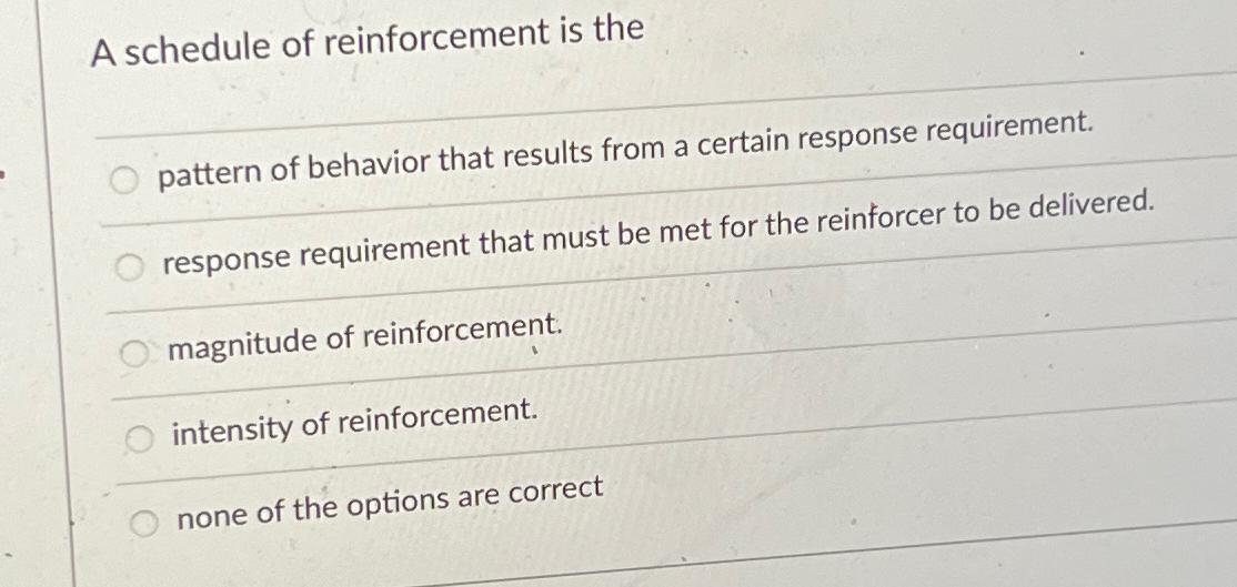 Solved A schedule of reinforcement is thepattern of behavior | Chegg.com