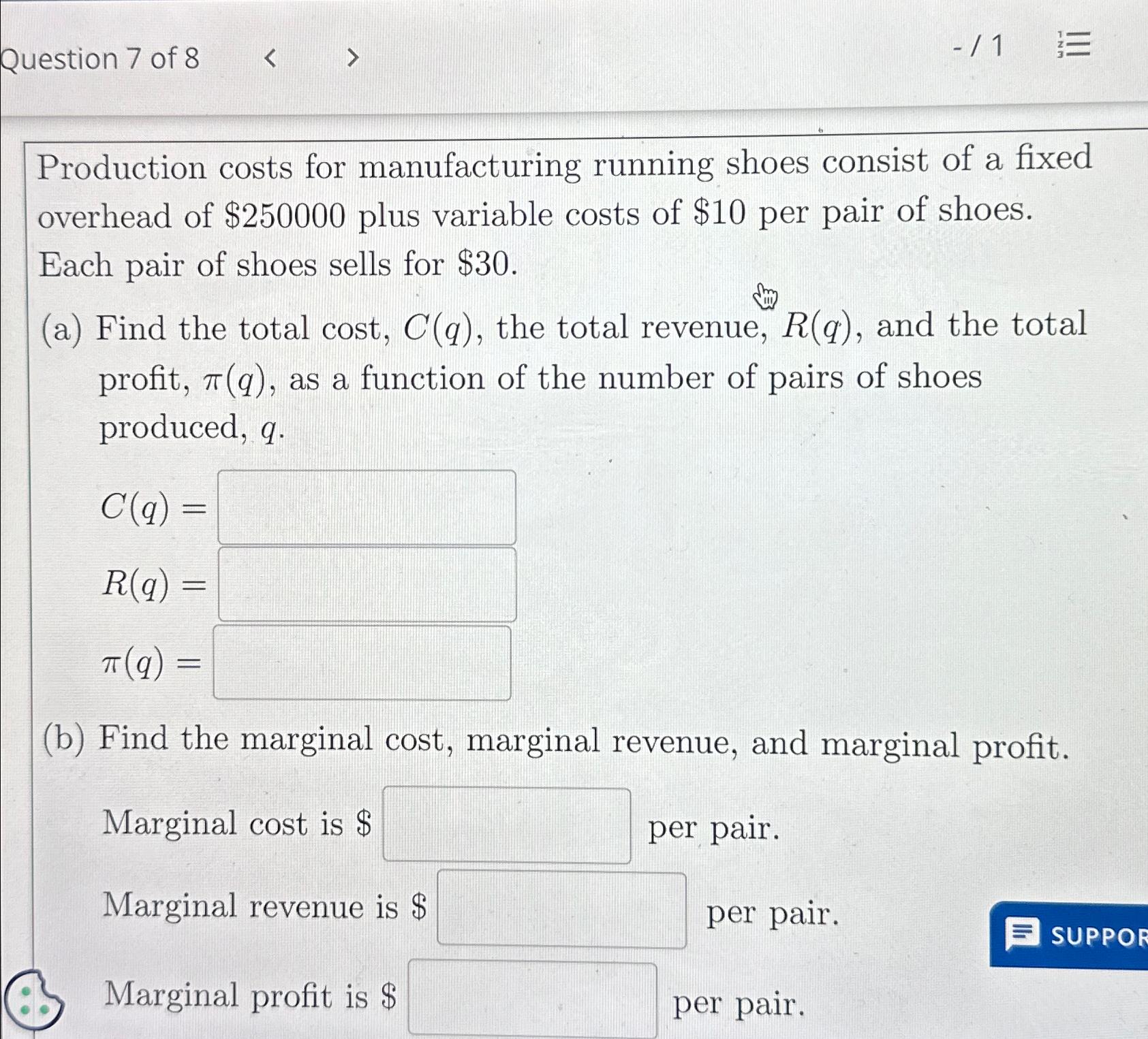 Solved Question 7 ﻿of 8-1,?31-=Production costs for | Chegg.com