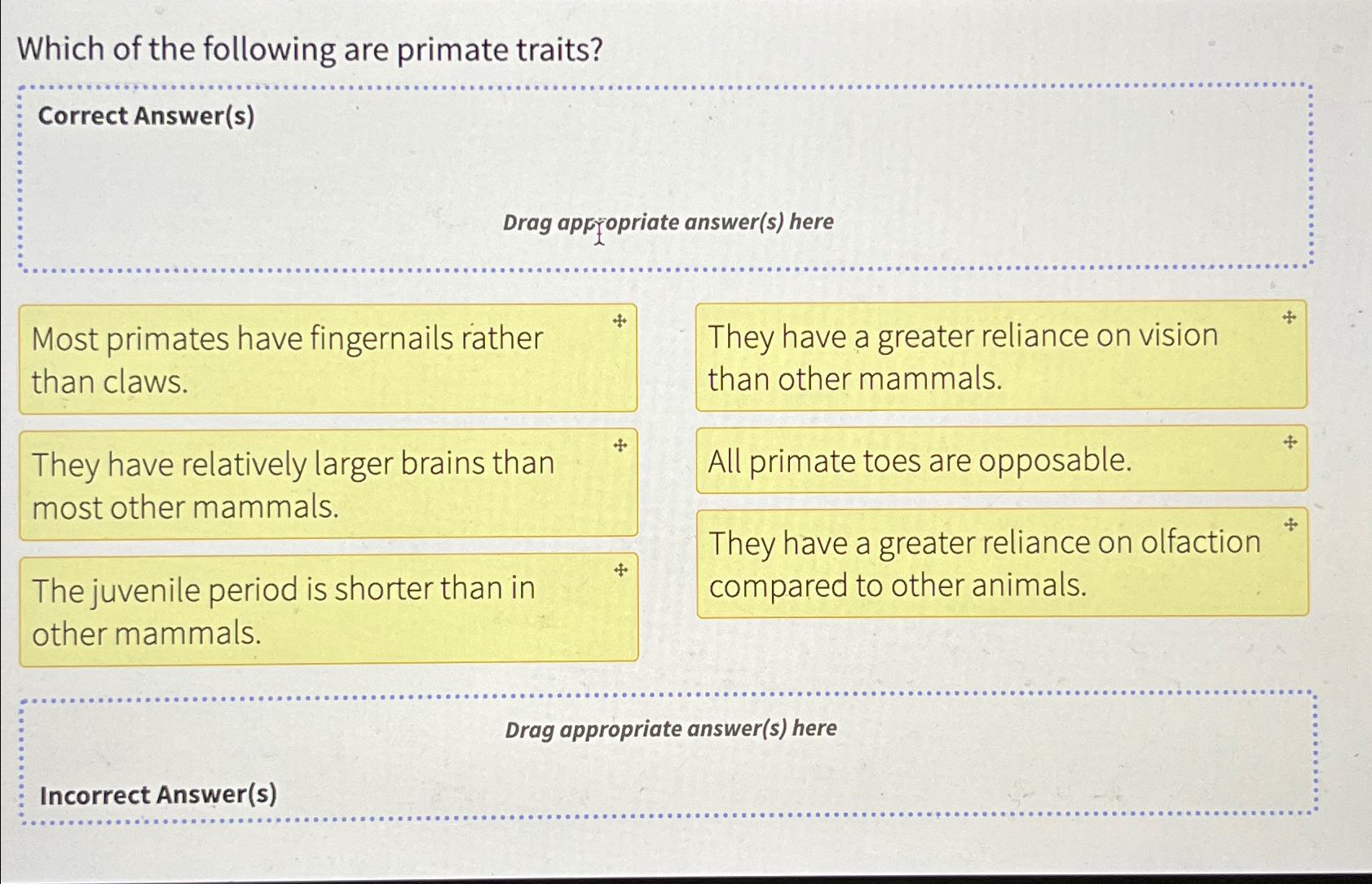 Solved Which of the following are primate traits?Correct | Chegg.com