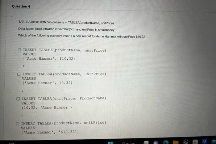 Solved TABLEA exists with two columns - TABLEA(productName, | Chegg.com