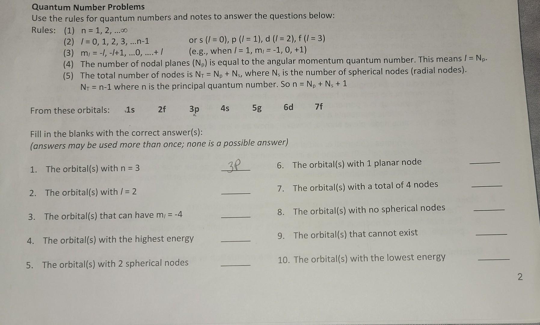 Solved Quantum Number Problems Use the rules for quantum | Chegg.com