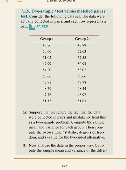 Solved 7.126 Two-sample t test versus matched pairs t test. | Chegg.com
