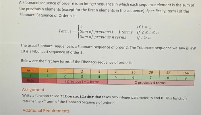 Solved A Fibonacci sequence of order n is an integer | Chegg.com