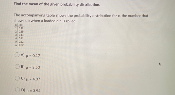 Solved Find the mean of the given probability distribution. | Chegg.com