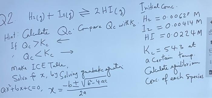 Solved H₂(g) + Iz(g) = 2HI (g) Initial conc. Hint: Calculate | Chegg.com