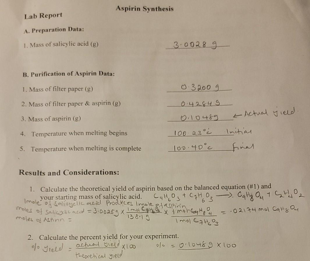 Solved Aspirin Synthesis Lab Report A. Preparation Data: 1. | Chegg.com