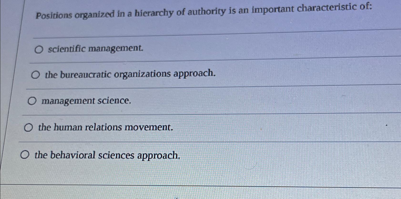 Solved Positions organized in a hierarchy of authority is an | Chegg.com