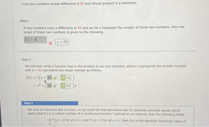 Solved Find two numbers whose difference is 92 and whose | Chegg.com