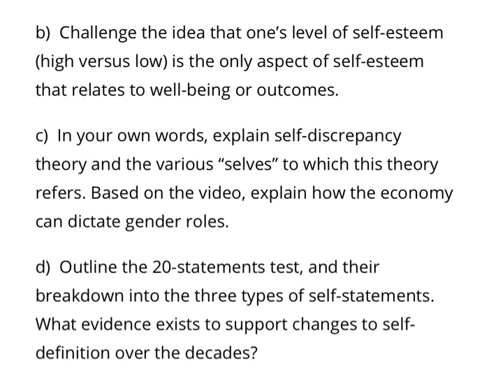 Solved questions on "the social self". pls give very | Chegg.com