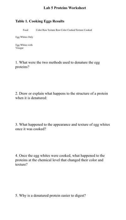 Solved Lab 5 Proteins Worksheet Table 1. Cooking Eggs | Chegg.com