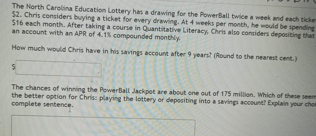 Solved The North Carolina Education Lottery has a drawing | Chegg.com