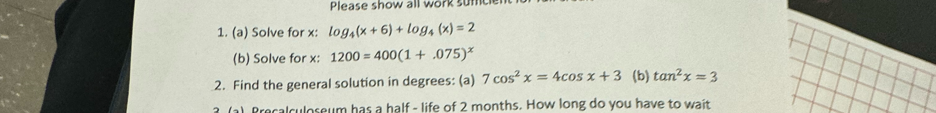 Solved (a) Solve for x : log4(x+6)+log4(x)=2(b) Solve for | Chegg.com Solved (a) Solve for x : log4(x+6)+log4(x)=2(b) Solve for | Chegg.com