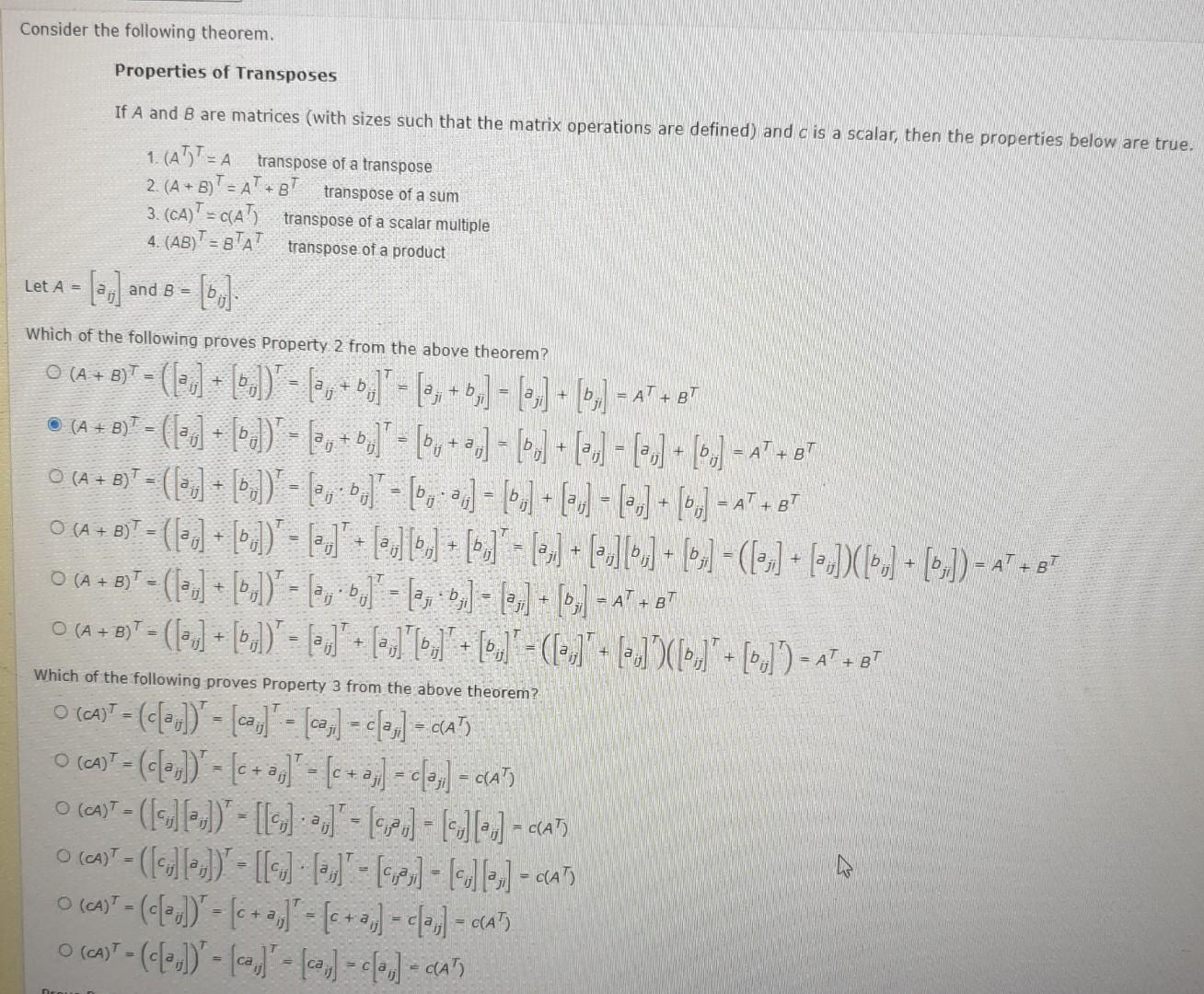 Solved If A and B are matrices (with sizes such that the | Chegg.com