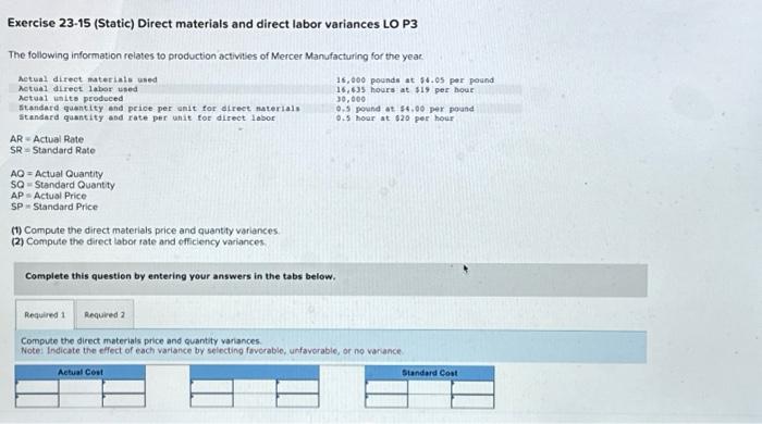 Solved Exercise 23-15 (Static) Direct materials and direct | Chegg.com