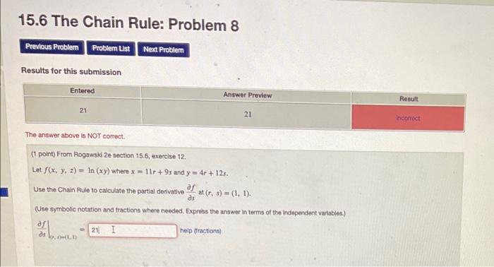 Solved 15.6 The Chain Rule: Problem 8 Previous Problem | Chegg.com