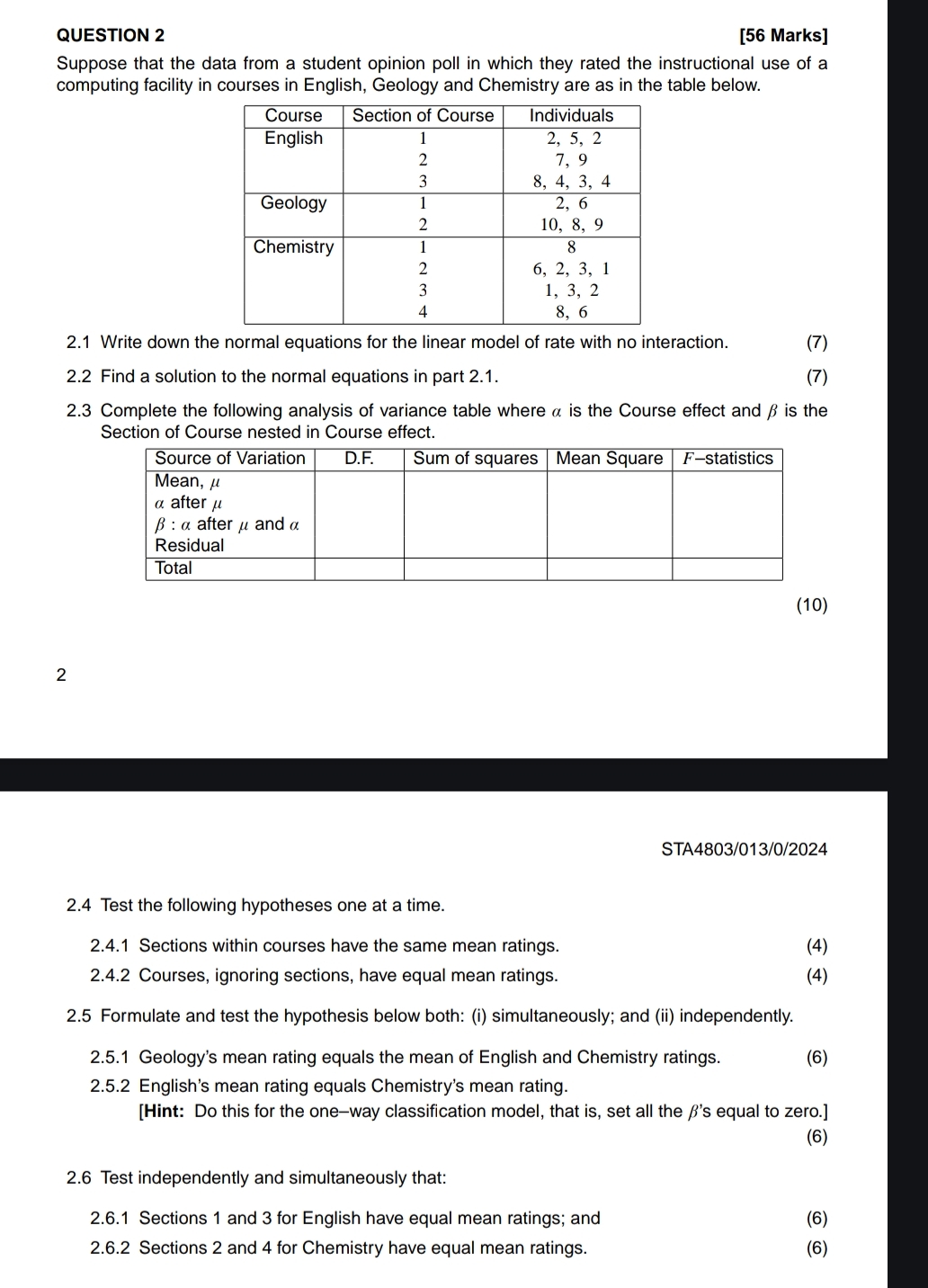 Solved QUESTION 2[56 ﻿Marks]Suppose that the data from a | Chegg.com